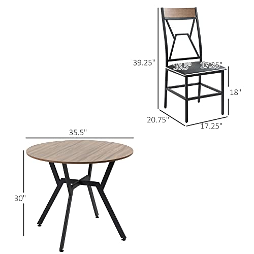 HOMCOM Industrial Dining Table Set for 4, Space-Saving 5 Piece Kitchen Table and Chairs with Round Table, Padded Seat and Steel Frame, Brown