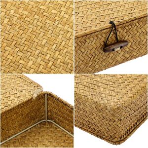 Hipiwe Flat Seagrass Storage Basket Bins with Lid - Set of 3 Wicker Baskets Bins Rectangular Woven Baskets Box Home Organizer Bins for Shelf Organizing, Large Size 14.8"x13"