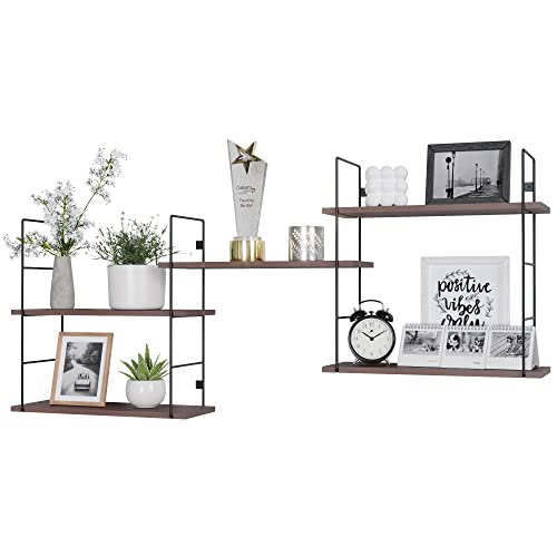 RICHER HOUSE 5-Tier Floating Shelves with Metal Frame, 5 Pcs Wall Mounted Shelf for Wall Decor, Rustic Wood Hanging Shelves with Metal Frame Storage for Living Room/Bathroom/Bedroom - Rustic Brown