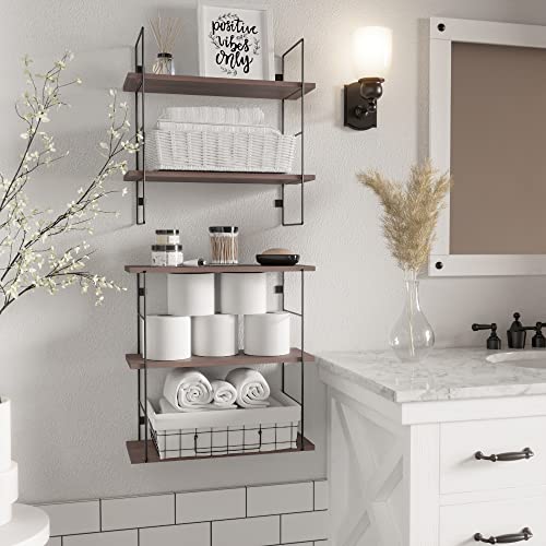 RICHER HOUSE 5-Tier Floating Shelves with Metal Frame, 5 Pcs Wall Mounted Shelf for Wall Decor, Rustic Wood Hanging Shelves with Metal Frame Storage for Living Room/Bathroom/Bedroom - Rustic Brown