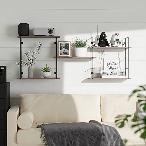 RICHER HOUSE 5-Tier Floating Shelves with Metal Frame, 5 Pcs Wall Mounted Shelf for Wall Decor, Rustic Wood Hanging Shelves with Metal Frame Storage for Living Room/Bathroom/Bedroom - Rustic Brown