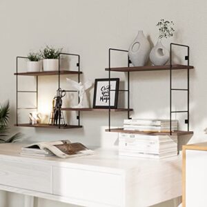 RICHER HOUSE 5-Tier Floating Shelves with Metal Frame, 5 Pcs Wall Mounted Shelf for Wall Decor, Rustic Wood Hanging Shelves with Metal Frame Storage for Living Room/Bathroom/Bedroom - Rustic Brown