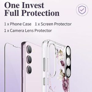 GVIEWIN Case Compatible with Samsung Galaxy S23 Case, with Screen Protector + Camera Lens Protector Floral Shockproof Clear Hard PC+Soft Bumper Women Phone Cover 2023 6.1" (Cherry Blossoms/Purple)