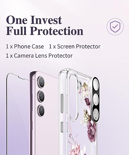 GVIEWIN Case Compatible with Samsung Galaxy S23 Case, with Screen Protector + Camera Lens Protector Floral Shockproof Clear Hard PC+Soft Bumper Women Phone Cover 2023 6.1" (Cherry Blossoms/Purple)