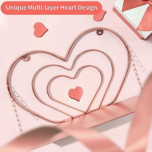 Mazjoaru Floating Shelves Rose Gold Multi-Layer Heart Shape Design Hanging Shelves Pink Room Decor, Cute Pink Chain Metal Wall Mounted Shelf for Bedroom, Nursery, Living Room