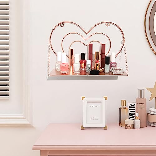 Mazjoaru Floating Shelves Rose Gold Multi-Layer Heart Shape Design Hanging Shelves Pink Room Decor, Cute Pink Chain Metal Wall Mounted Shelf for Bedroom, Nursery, Living Room