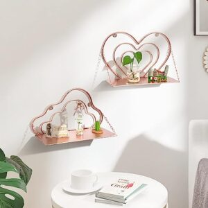 Mazjoaru Floating Shelves Rose Gold Multi-Layer Heart Shape Design Hanging Shelves Pink Room Decor, Cute Pink Chain Metal Wall Mounted Shelf for Bedroom, Nursery, Living Room