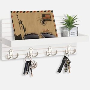 ikviier key holder for wall decorative, key rack for wall white, wall key holder with shelf, key hook for wall with double hook, key and mail holder for wall (white-01)