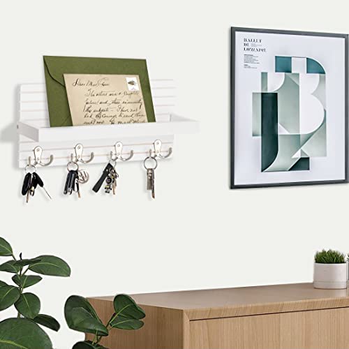 Ikviier Key Holder for Wall Decorative, Key Rack for Wall White, Wall Key Holder with Shelf, Key Hook for Wall with Double Hook, Key and Mail Holder for Wall (White-01)