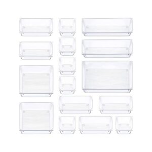 modern-depo 16 pcs plastic drawer organizer storage bins clear drawer dividers trays for makeup, jewelry, kitchen untensils, gadgets, office, 5 sizes