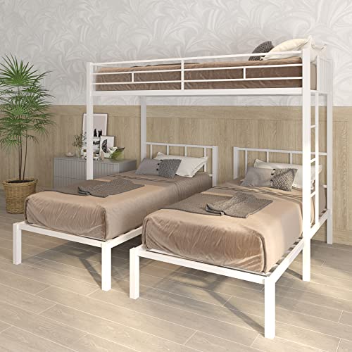 Triple Bunk Bed,Twin Size Triple Bunk Bed with Ladder & Safety Guardrail,Divided into 3 Separate Beds,Metal Structure Bedframe w/Steel Slat Support,Detachable,No Box Spring Needed,Noise Free for Dorm