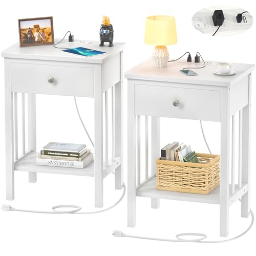 Homykic White Nightstand with Charging Station Set of 2, Bamboo Bedside Table Set with USB Ports and Outlets, Night Stand End Table with Drawer for Bedroom, Living Room, Small Space