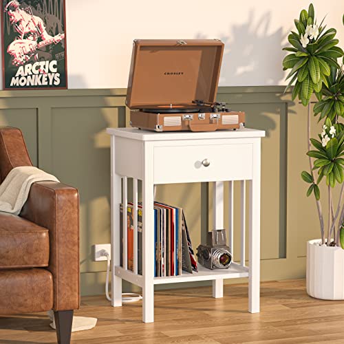 Homykic White Nightstand with Charging Station Set of 2, Bamboo Bedside Table Set with USB Ports and Outlets, Night Stand End Table with Drawer for Bedroom, Living Room, Small Space