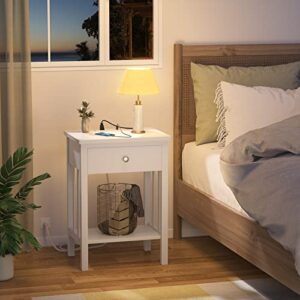 Homykic White Nightstand with Charging Station Set of 2, Bamboo Bedside Table Set with USB Ports and Outlets, Night Stand End Table with Drawer for Bedroom, Living Room, Small Space