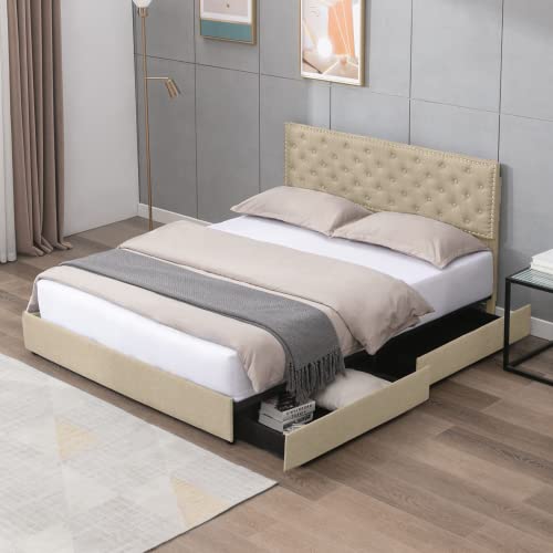 CECER Queen Size Bed Frame with 4 Storage Drawers,Upholstered Queen Size Platform Bed with Adjutable Headboard & Cotton Linen Fabric,Bed Base Frame with Storage Box,Easy Assembly-Beige