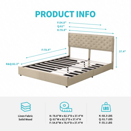 CECER Queen Size Bed Frame with 4 Storage Drawers,Upholstered Queen Size Platform Bed with Adjutable Headboard & Cotton Linen Fabric,Bed Base Frame with Storage Box,Easy Assembly-Beige