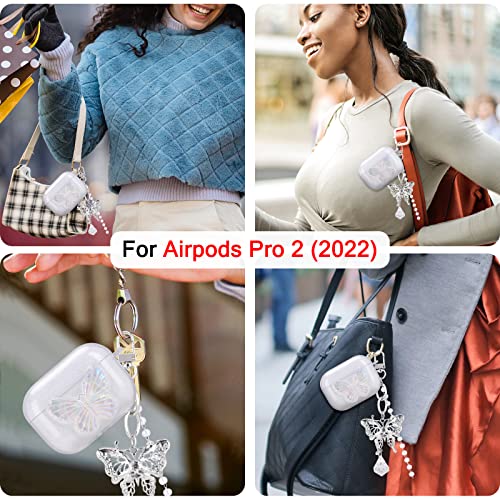 Glitter Case for AirPods Pro 2 (2022) with Crystal Bracelets Keychain Cute Sparkle Pretty Bling Butterflies Design Soft TPU Clear Cover Case Compatible for AirPod Pro 2nd Generation Girls Women