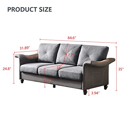 Ucloveria, Futon Sleeper Sofa Bed Mid-Century Modern Linen Fabric Faux Leather Sectional Couch for Living Room with 6 Wood Legs and 2 Removable Storage Boxes, Dark Gray, 84.65" L x 31.89" W x 35" H