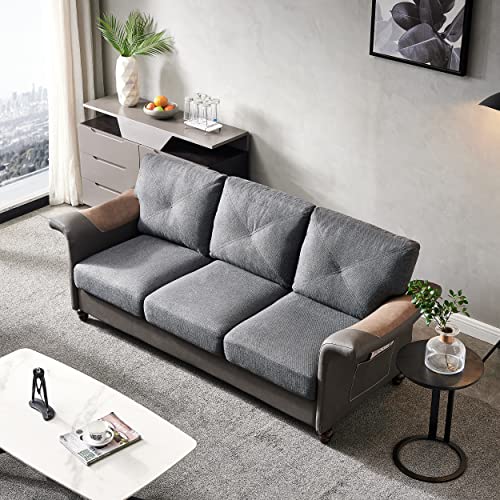 Ucloveria, Futon Sleeper Sofa Bed Mid-Century Modern Linen Fabric Faux Leather Sectional Couch for Living Room with 6 Wood Legs and 2 Removable Storage Boxes, Dark Gray, 84.65" L x 31.89" W x 35" H