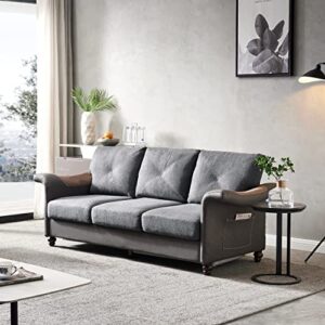 Ucloveria, Futon Sleeper Sofa Bed Mid-Century Modern Linen Fabric Faux Leather Sectional Couch for Living Room with 6 Wood Legs and 2 Removable Storage Boxes, Dark Gray, 84.65" L x 31.89" W x 35" H