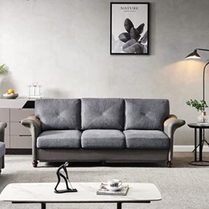 Ucloveria, Futon Sleeper Sofa Bed Mid-Century Modern Linen Fabric Faux Leather Sectional Couch for Living Room with 6 Wood Legs and 2 Removable Storage Boxes, Dark Gray, 84.65" L x 31.89" W x 35" H