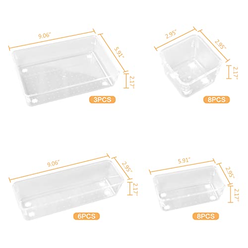 Modern-Depo 25 PCS Clear Drawer Organizer Set 4 Sizes Plastic Drawer Storage Bins Dividers Trays Dot Box for Makeup, Jewelry, Kitchen Utensils, Gadgets, Office