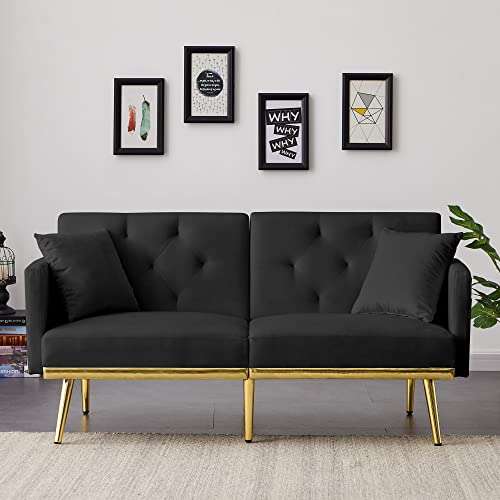 HomSof, Black Sleeper Velvet Futon with 3 Adjustable Angle, Mid Century Modern Metal Legs, Loveseat Sofa Bed