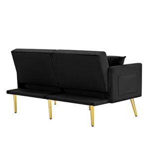 HomSof, Black Sleeper Velvet Futon with 3 Adjustable Angle, Mid Century Modern Metal Legs, Loveseat Sofa Bed