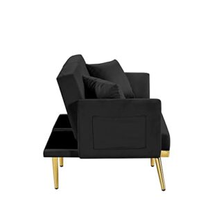 HomSof, Black Sleeper Velvet Futon with 3 Adjustable Angle, Mid Century Modern Metal Legs, Loveseat Sofa Bed