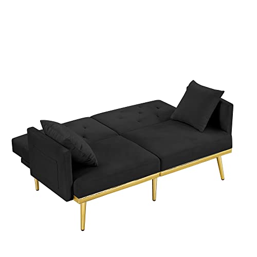 HomSof, Black Sleeper Velvet Futon with 3 Adjustable Angle, Mid Century Modern Metal Legs, Loveseat Sofa Bed