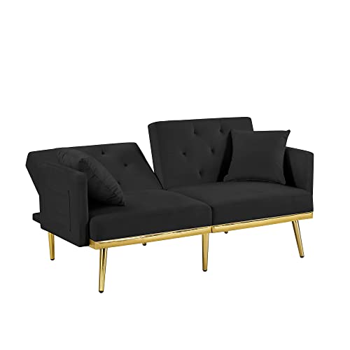 HomSof, Black Sleeper Velvet Futon with 3 Adjustable Angle, Mid Century Modern Metal Legs, Loveseat Sofa Bed