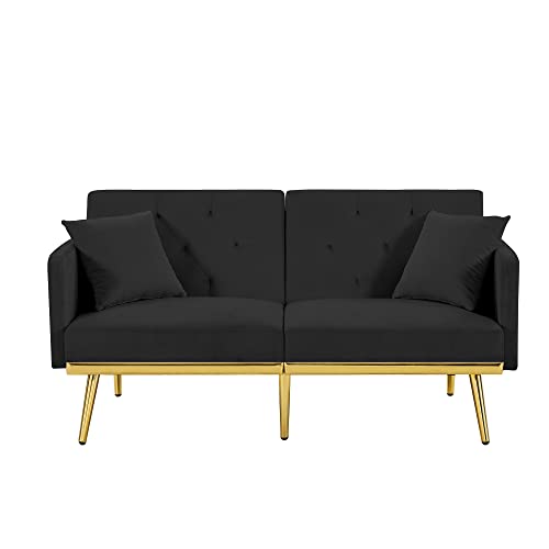 HomSof, Black Sleeper Velvet Futon with 3 Adjustable Angle, Mid Century Modern Metal Legs, Loveseat Sofa Bed