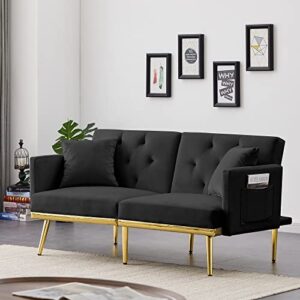 HomSof, Black Sleeper Velvet Futon with 3 Adjustable Angle, Mid Century Modern Metal Legs, Loveseat Sofa Bed