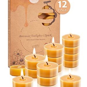 Beeswax Tealight Candles Bulk - Tealight Candles 12 Pack with 48 Hour Burn Time 4Hours of Each Beeswax Tealights for Home Decor & Ambiance, Long-Lasting & Eco-Friendly