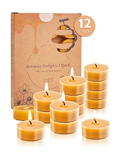 Beeswax Tealight Candles Bulk - Tealight Candles 12 Pack with 48 Hour Burn Time 4Hours of Each Beeswax Tealights for Home Decor & Ambiance, Long-Lasting & Eco-Friendly