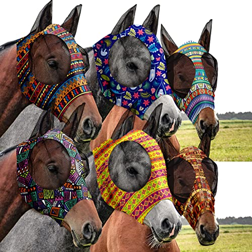 6 Pcs Horse Fly Mask Smooth and Comfortable Fly Masks for Horses with Ears Elasticity Horse Face Mask Horse Masks Covering for Horses Riding Supplies (Geometric, Large)