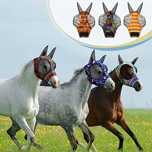 6 Pcs Horse Fly Mask Smooth and Comfortable Fly Masks for Horses with Ears Elasticity Horse Face Mask Horse Masks Covering for Horses Riding Supplies (Geometric, Large)