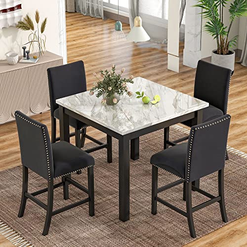 HomSof 42" L x42 Wx36 18.5" Wx23.2 Dx39.8 H 5-Piece Counter Height Set with One Faux Marble Dining Table and Four Upholstered-Seat Chairs, Blue+White 4