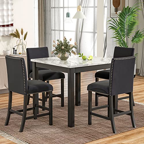 HomSof 42" L x42 Wx36 18.5" Wx23.2 Dx39.8 H 5-Piece Counter Height Set with One Faux Marble Dining Table and Four Upholstered-Seat Chairs, Blue+White 4