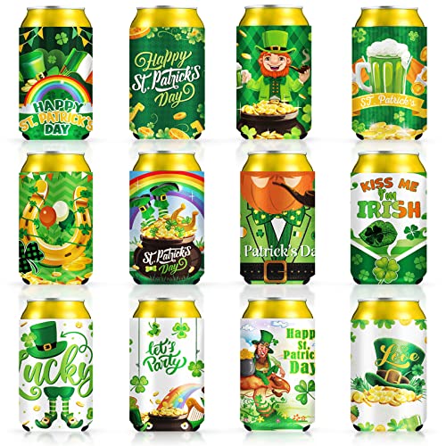 12 Pcs St. Patrick's Day Can Coolers Sleeves Lucky Green Shamrock Decoration Saint Patrick's Day Can Sleeves Congrats Beverages Soda Bottle Insulated Neoprene Cover for Irish Holiday Party Supplies