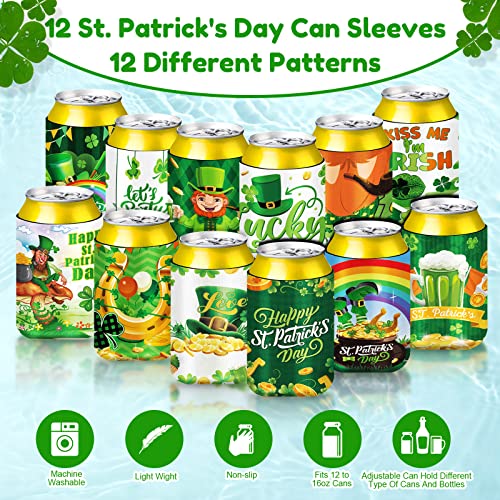 12 Pcs St. Patrick's Day Can Coolers Sleeves Lucky Green Shamrock Decoration Saint Patrick's Day Can Sleeves Congrats Beverages Soda Bottle Insulated Neoprene Cover for Irish Holiday Party Supplies