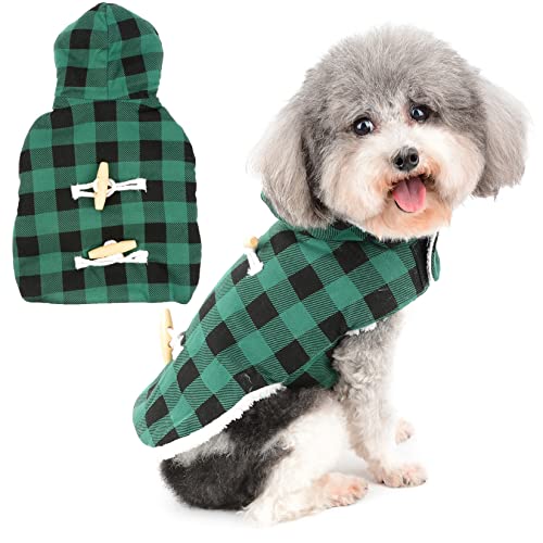 Zunea Christmas Dog Hoodie Jacket for Small Dogs Fleece Winter Coat Warm Plaid Puppy Clothes with Hood Xmas Pet Apparel Cold Weather Vest Clothing for Chihuahua Yorkie Green XS