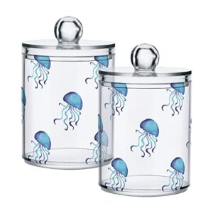 wellday apothecary jars bathroom storage organizer with lid - 14 oz qtip holder storage canister, watercolor jellyfish clear plastic jar for cotton swab, cotton ball, floss picks, makeup sponges,hair