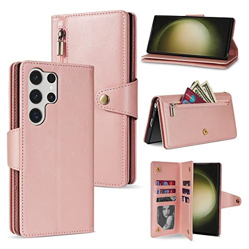 YWKJ Compatible with Samsung Galaxy S23 Ultra Case Wallet with RFID Blocking Card Slot Flip Leather Zipper with Strap Protective Phone Case for Samsung Galaxy S23 Ultra Wallet Case(Pink-6.8 inch)