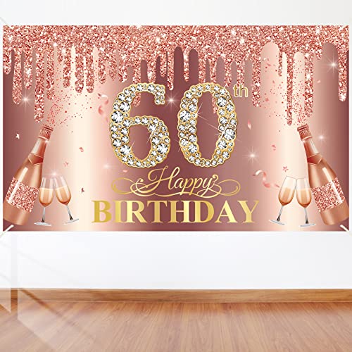 Rose Gold 60th Birthday Banner Decoration for Women, Pink Rose Gold Happy 60th Birthday Backdrop Sign Party Supplies, Sixty Years Old Birthday Photo Background Decor for Indoor Outdoor