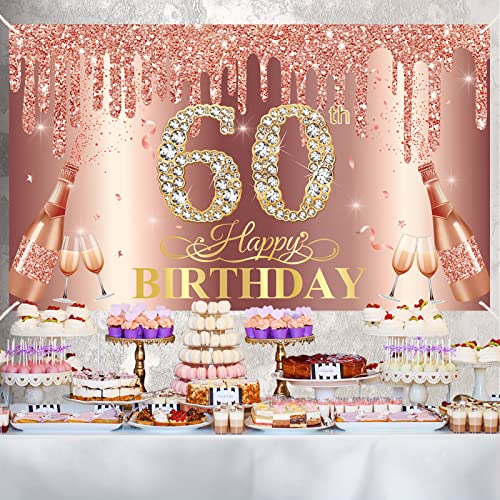 Rose Gold 60th Birthday Banner Decoration for Women, Pink Rose Gold Happy 60th Birthday Backdrop Sign Party Supplies, Sixty Years Old Birthday Photo Background Decor for Indoor Outdoor