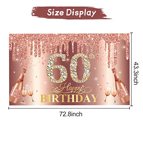 Rose Gold 60th Birthday Banner Decoration for Women, Pink Rose Gold Happy 60th Birthday Backdrop Sign Party Supplies, Sixty Years Old Birthday Photo Background Decor for Indoor Outdoor