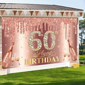 Rose Gold 60th Birthday Banner Decoration for Women, Pink Rose Gold Happy 60th Birthday Backdrop Sign Party Supplies, Sixty Years Old Birthday Photo Background Decor for Indoor Outdoor