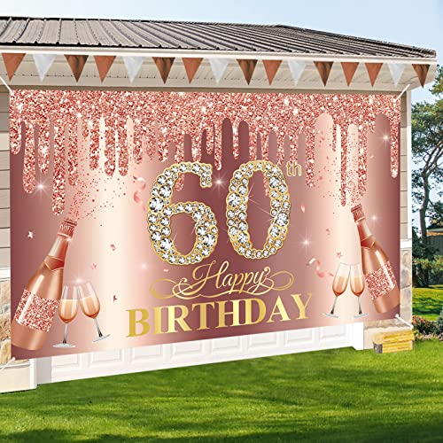 Rose Gold 60th Birthday Banner Decoration for Women, Pink Rose Gold Happy 60th Birthday Backdrop Sign Party Supplies, Sixty Years Old Birthday Photo Background Decor for Indoor Outdoor