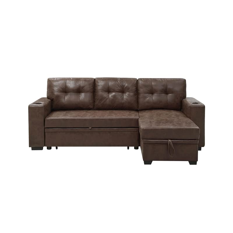 Pemberly Row 85" Wide Easy Pull Out Faux Leather Convertible Sectional Sofa with Cup Holders in Dark Brown